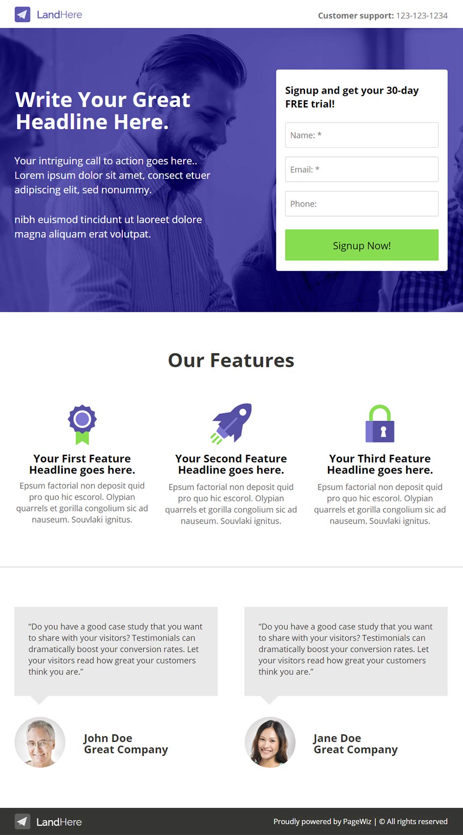 Purple sign up landing page template by Pagewiz