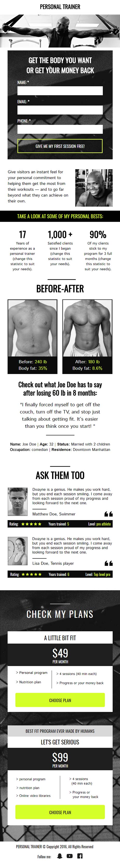 Personal trainer landing page template by Pagewiz